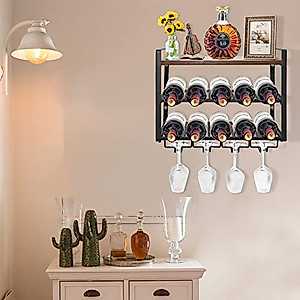 AUHOKY Industrial Wine Rack Wall Mounted Glasses Holder, 3-Tiers Metal Hanging Storage Display Shelf with Wine Bottles Glass Goblet Rack, Floating Shelves for Living Room Kitchen Home Decoration