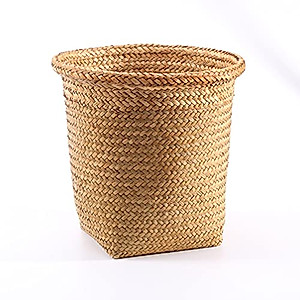 NOLITOY 2pcs Seagrass Waste Basket Woven Trash Can Wicker Waste Paper Basket Round Garbage Container Bin Rattan Laundry Basket Plant Pot for Bedroom Bathroom Kitchen Home Office