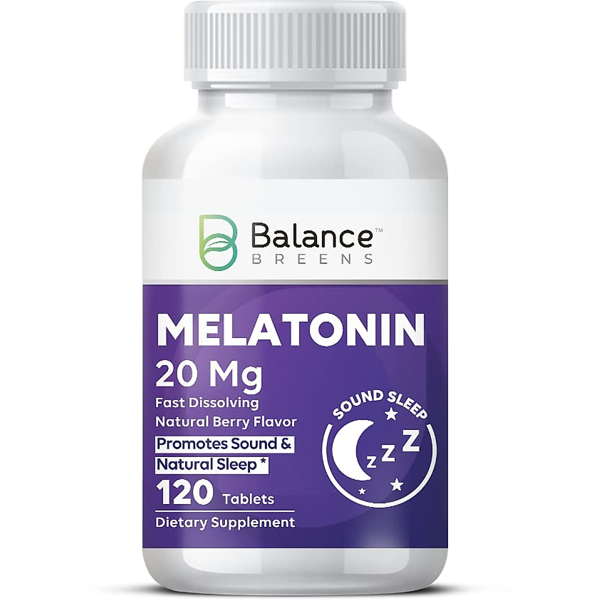 Melatonin 20mg Fast-Dissolve 120 Tablets - Natural Berry Flavor, Non-Habit Forming - Fall Asleep Faster, Stay Asleep Longer, Natural Sleep Aid - Non-GMO, Gluten-Free, Vegan Tablets by Balance Breens