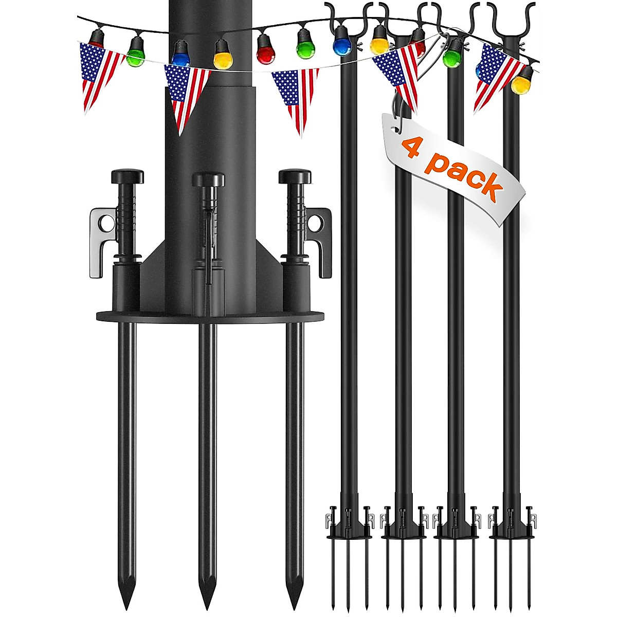 addlon 4 Pack String Light Poles Pro 10ft, Aluminum Waterproof Harder Outdoor Poles with Hooks for Hanging, Patio, Garden, Wedding, Parties - Classic Black