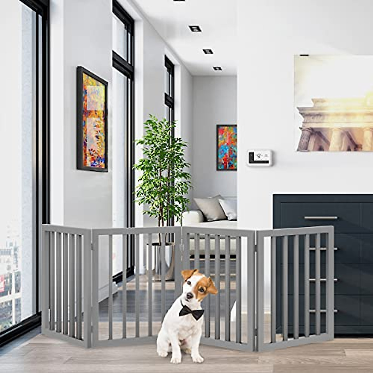 PETMAKER Pet Gate – Dog Gate for Doorways, Stairs or House – Freestanding, Folding, Accordion Style, MDF Wooden Indoor Dog Fence (4 Panel, Gray)