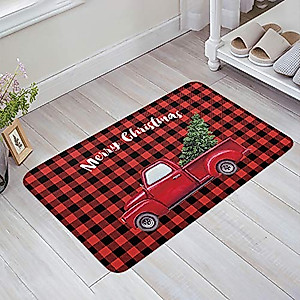 Christmas Bath Rugs Christmas Red Truck Sponge Doormat Absorbent Non Slip Durable Soft Flannel Mat Christmas Tree Red Buffalo Check Plaid Christmas Memory Foam Mats for Bathroom Kitchen 18 x 30 inches