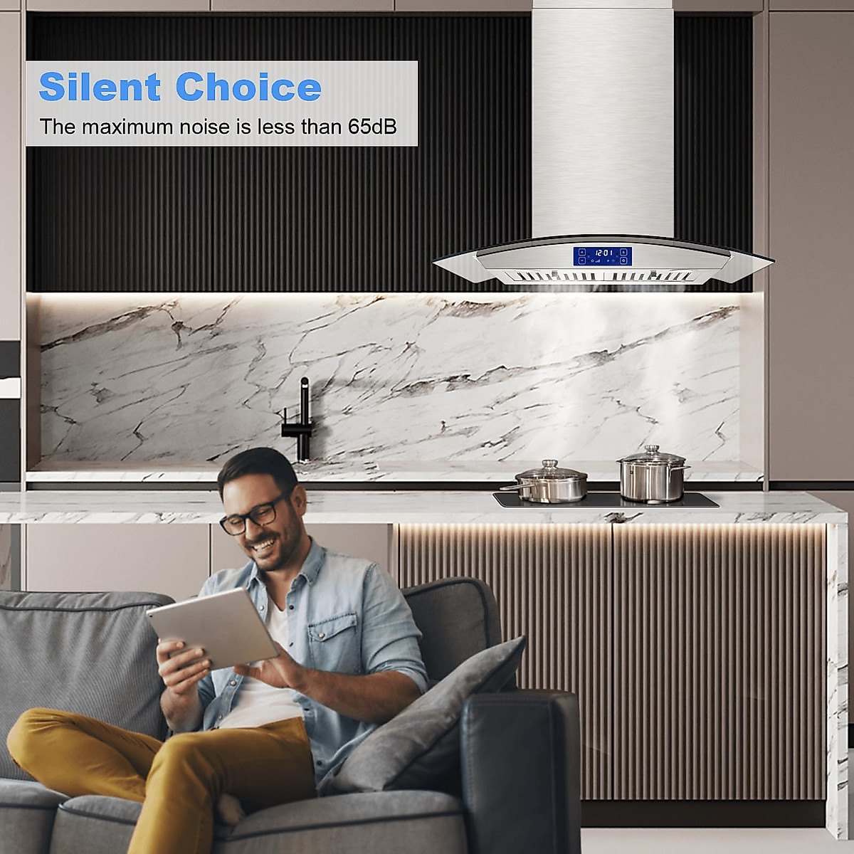 JOEAONZ Island Range Hood 30 Inch 700 CFM Gesture & Touch Control Ceiling Mount Stainless Steel Kitchen Vent Hood, Kitchen Exhaust Hood, Ducted/Ductless Convertible 3-speed Ventilation Fan Switchable