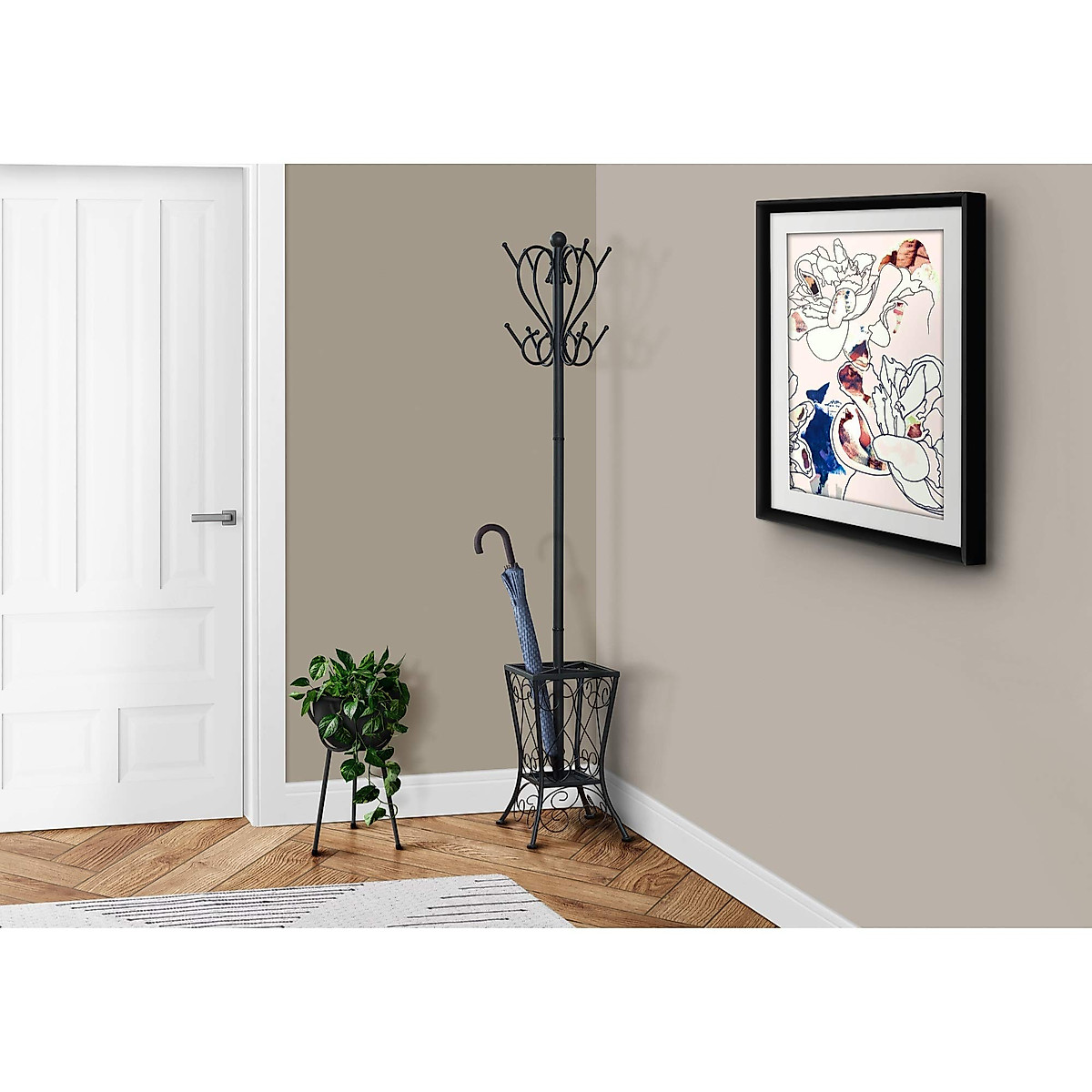 Monarch Specialties 2060, Hall Tree, Free Standing, 8 Hooks, Entryway, 71" H, Umbrella Holder, Bedroom, Metal, Black, Transitional Coat Rack