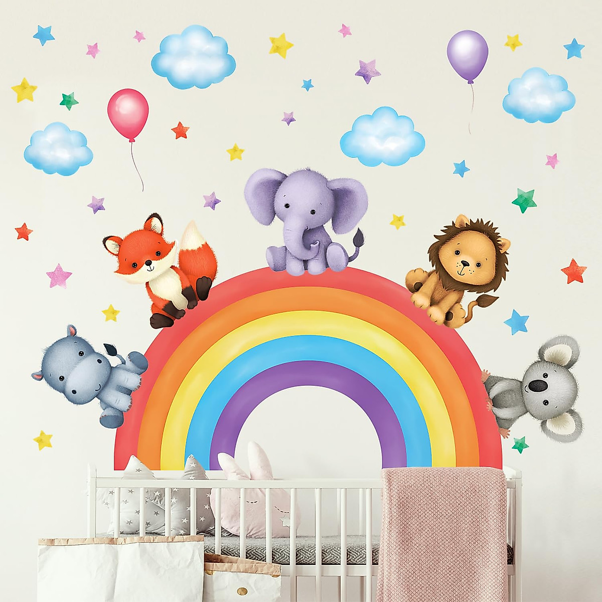 DECOWALL SG3-2318 Baby Animals on Rainbow Wall Stickers Decals Art décor Kids Living Nursery Removable Room Safari Jungle Girls Boys
