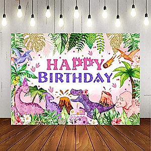 Avezano Pink Dinosaur Backdrop Dinosaur Themed Happy Birthday Party Decorations for Girls Kids Birthday Party Photography Background Cake Dessert Table Decorations (7x5ft)