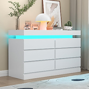Gyfimoie 6 Drawer Dresser with Power Outlet, White Dresser with LED Light, Modern Chest of Drawers for Closet, Double Wide Drawer Organizer Cabinet for Bedroom, Living Room, Entryway, Hallway