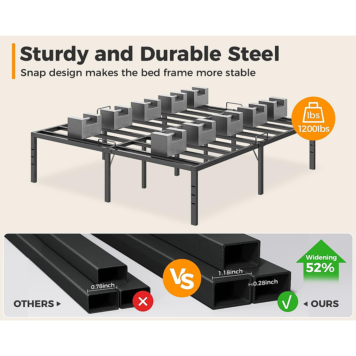 KKL Queen Bed Frame, 14 Inch Heavy Duty Steel Platform with Mattress Anti-Slip Rods, Bed Frame with Underneath Storage Space, No Box Spring Needed, Easy Assembly, Black