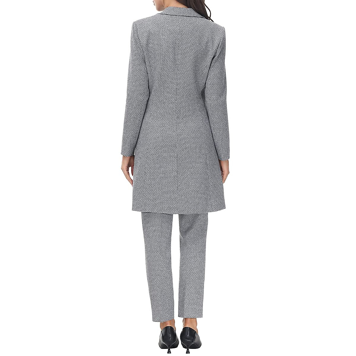 MODFUL Women's 2 Piece Long Blazer with Pants Set Small Plaid Elegant Suit Set for Casual Business Office(Grey,Medium)