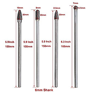 Bestgle 4Pcs 6mm(1/4”) Shank Tungsten Carbide Rotary Cutting Burr Die Grinder Bit for DIY Woodworking, Metal Carving, Polishing, Engraving, Drilling, 150-160mm Length