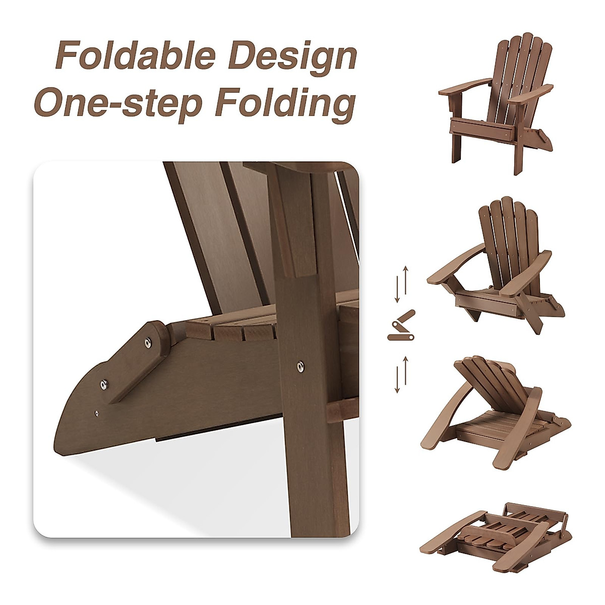 EFURDEN Adirondack Chair with Retractable Ottoman, Folding Adirondack Chair with Footrest, All Weather Poly Lumber Fire Pit Chair with Ottoman, All Weather Chair for Outdoor Brown