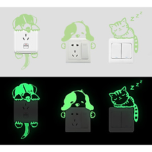 JIESWMY 5 Packs Glow in The Dark Wall Stickers,Luminous Switch Sticker,Cartoon Cat Dog PVC Wall Stickers for Kids and Adult Nursery Bedroom Living Room, 13*13cm, 5665-265