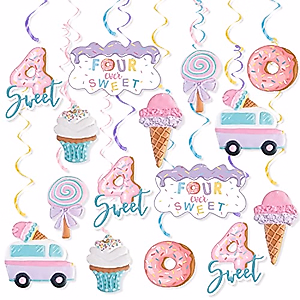 Four Ever Sweet Ice Cream Birthday Party Decorations, 20Pcs Ice Cream Party Hanging Swirl Decorations for Kid Ice Cream Fourth Birthday Party Girl Donut 4th Birthday Party Ceiling Hanging Streamers