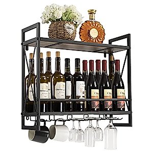 Hadulcet Wine Bottle Stemware Glass Rack, Industrial 2-Tier Wood Shelf, Wall Mounted Wine Racks with 5 Stem Glass Holders for Wine Glasses, Flutes, Mugs, and 2 Metal Basket for Storage, Rustic Brown…