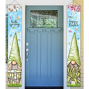 Easter Porch Sign Banner-Easter Gnomes Decoration Hello Spring Happy Easter Door Hanging Banner Outdoor Easter Party Supplies Photo Props for Porch