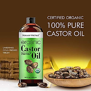 Natural Riches Organic Castor Oil Cold pressed USDA certified for Dry Skin Hair Loss Dandruff Thicker Hair - Moisturizes Skin Helps Hair growth Thicker Eyelashes Eyebrows Hexane free16 fl. oz.