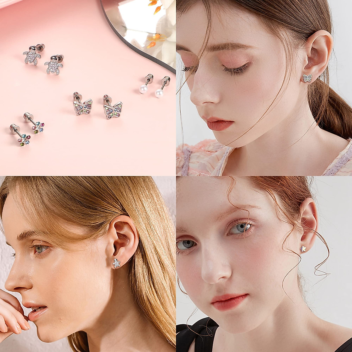 ZELORES 8 Pairs Screwback Earrings for Women Pink CZ Heart Turtle Stud Earrings Stainless Steel Cute Pearl Butterfly Screw Back Earrings Set