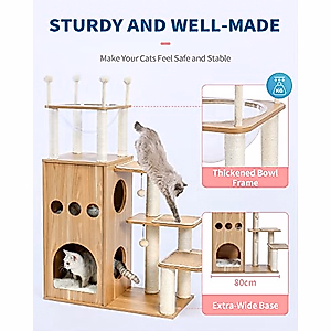 Made4Pets Modern Cat Tree for Large Cat, Wood Cat Tower Heavy Duty with Scratch Post for Indoor Big Cats, 51" Extra Tall Cat Condo Sturdy Frisco Castle with Clear Bowl for Kittens Maine Coon 20Lbs