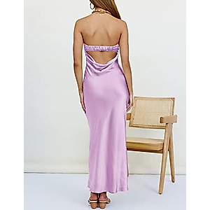 ZESICA Women's 2023 Summer Satin Strapless Dress Sexy Backless Bodycon Wedding Cocktail Party Maxi Dresses,Purple,X-Large