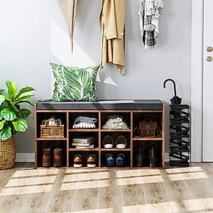 vinform Shoe Cabinet Storage Bench with Cushion, 10-Cube Shoe Storage Bench for entryway, Holds up to 220lbs, Rustic Brown