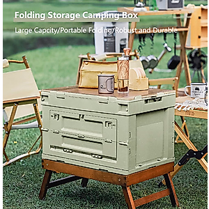 VPTMRP 50L Large Capacity Camping Storage Box with Wooden Lid Foldable 3-Door Utility Box for Home Outdoor, Portable Camping Items Storage Bin