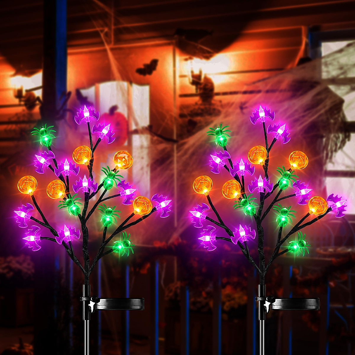 Halloween Decorations Outdoor Solar Lights, 2 Pack Halloween Lights Outdoor Solar Lights Waterproof with 20 LED Bats Spiders Pumpkin Lights, 2 Lighting Modes Solar Pathway Lights for Halloween Decor