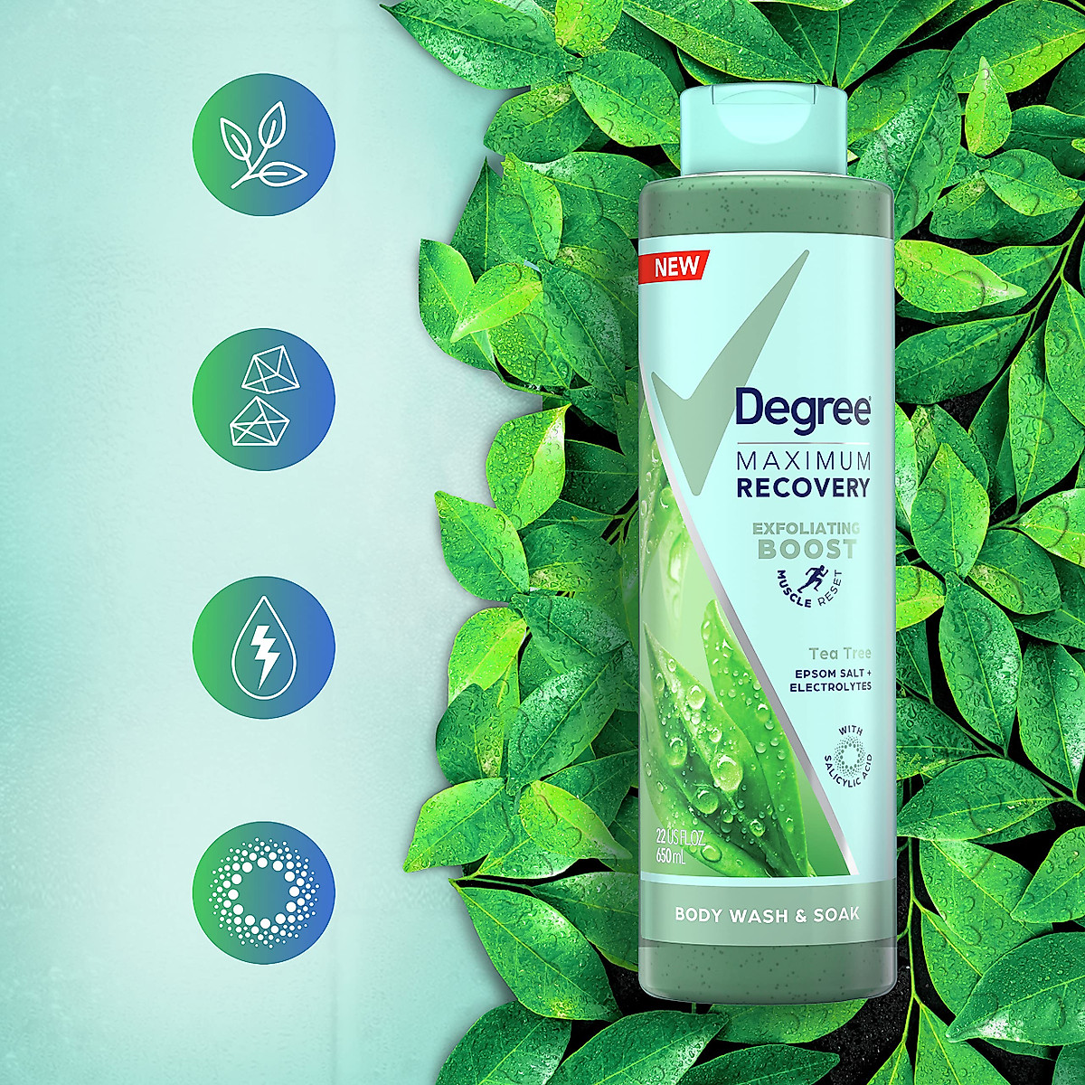 Degree Body Wash and Soak Post-Workout Recovery Skincare Routine Exfoliating Tea Tree + Epsom Salt + Electrolytes Bath and Body Product, 22 Fl Oz (Pack of 4)