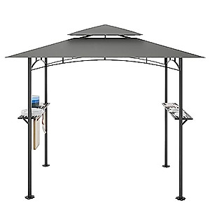 TRIPLE TREE 8 x 5 FT Grill Pergola Tent with Air Vent,Double Tiered Outdoor BBQ Gazebo with 2 Side Shelves,10 Hooks,Bottle Opener,Outdoor Barbecue Canopy for Patio,Garden,Beach,Backyard,Gray