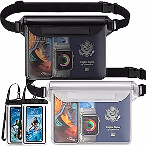 Hommtina Waterproof Phone Case Waterproof Bag,Waterproof Fanny Pack Waterproof Pouch with Adjustable Belt for Beach, Swimming, Boating, Fishing (2 * fanny pack(black+white)+2 * phone case(black))