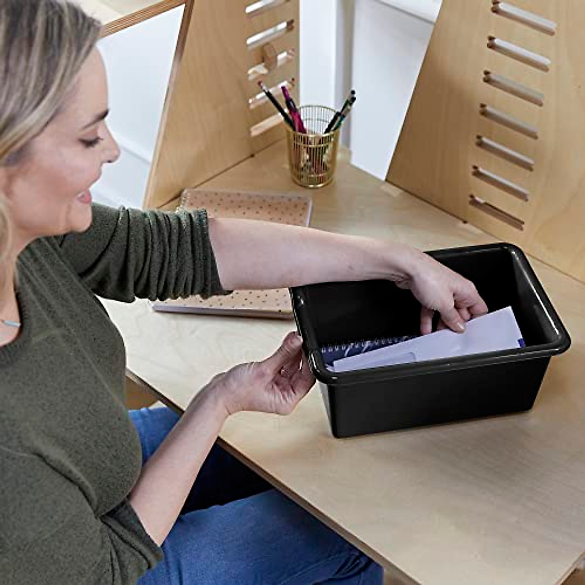 ECR4Kids Scoop Front Storage Bin, Multipurpose Organization, Black, 5-Piece