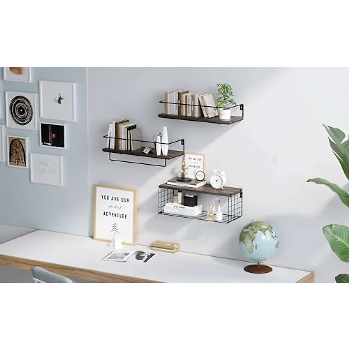 upsimples Bathroom Shelves with Storage Basket, Wall Shelves Over Toilet with Towel Bar and Paper Holder, Farmhouse Wood Floating Shelf for Bedroom, Living Room, Kitchen, Office, Dark Brown Set of 3