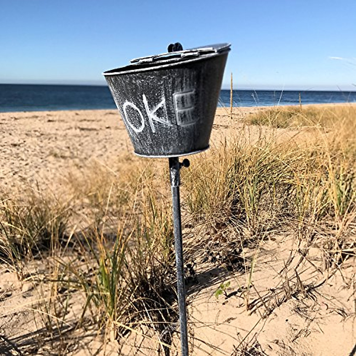 Outdoor Smoke Ashtray, Lidded Bucket on Stake with Prong Post, Garden Party Style, Gray Lacquered Iron, Rustic and Weathered Patina, 6 D x 43 1/4 H Inches