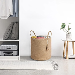 Mkono Tall Wicker Laundry Basket Woven Storage Basket Decorative Natural Rope Basket Wooden Bead Decoration for Blankets,Toys,Clothes,Shoes,Plant Organizer Bin with Handles Living Room 15"Wx17.7"L