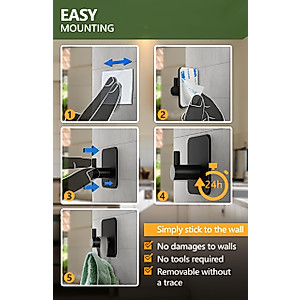 4smile Towel Hooks for bathrooms, Set of 6 - Black Adhesive Hooks, Durable Adhesive Wall Hooks - Strong Adhesive Towel Hooks, Stick on Hooks