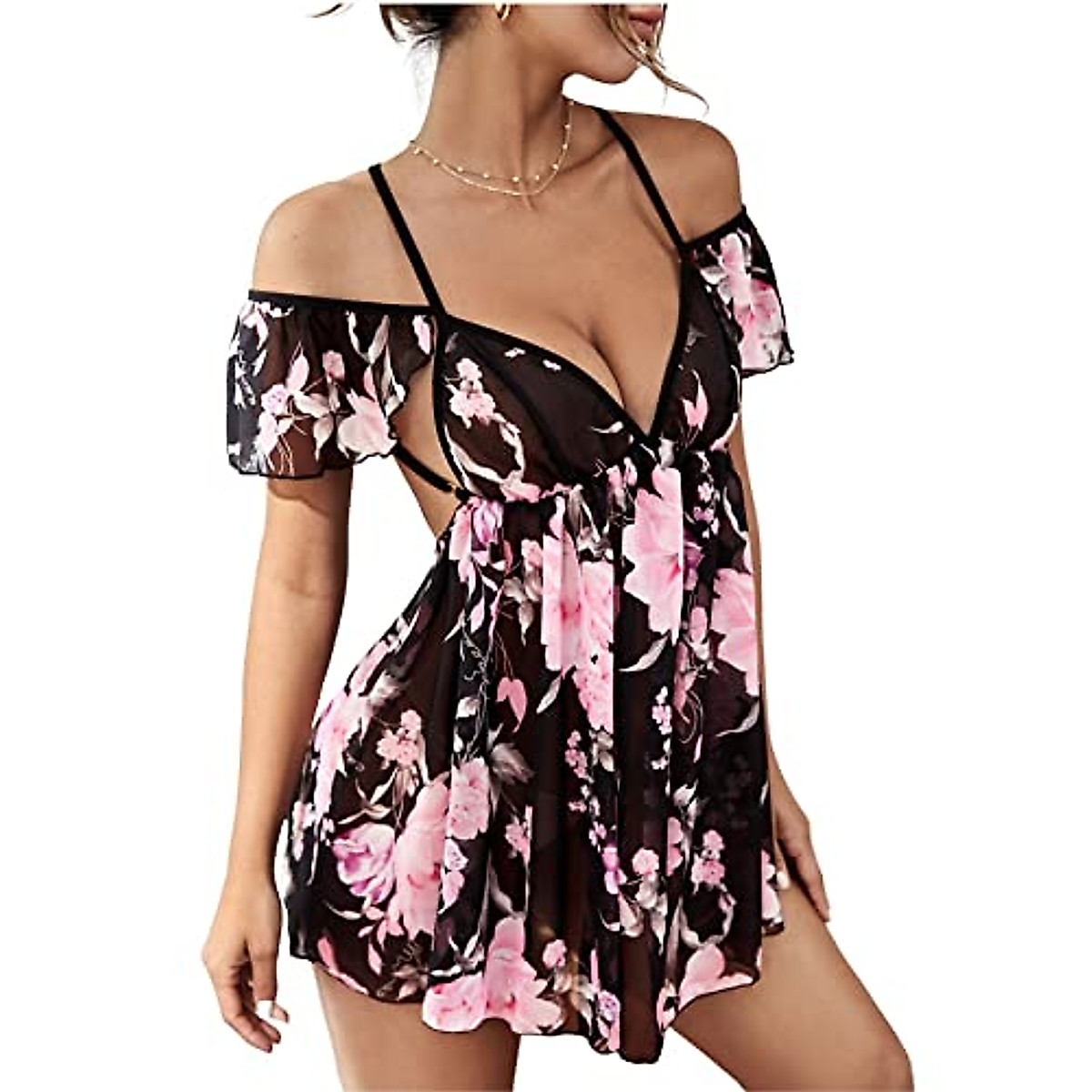 Verdusa Women's Casual Sleepwears Floral Print Cold Shoulder Crisscross Backless Spaghetti Strap Chiffon Nightdress Multicolor M