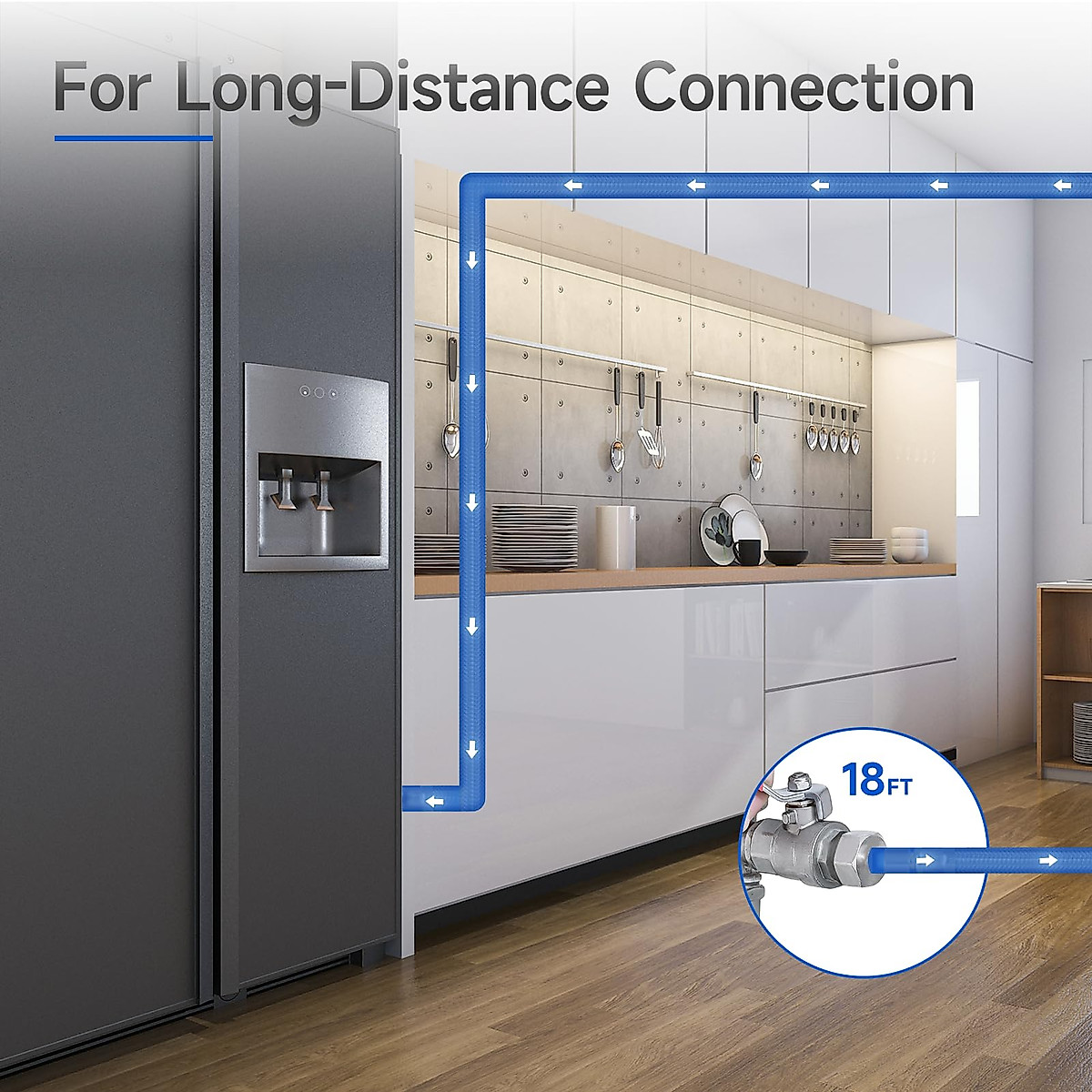 JUWO 18 FT Refrigerator Water Line, 1/4 Inch Compression Stainless Steel Ice Maker Hose Connector, For Medium-sized Residences with Long Distance