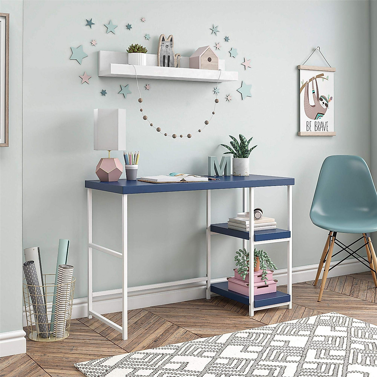 REALROOMS Kimberly Desk with Reversible Shelves, Navy