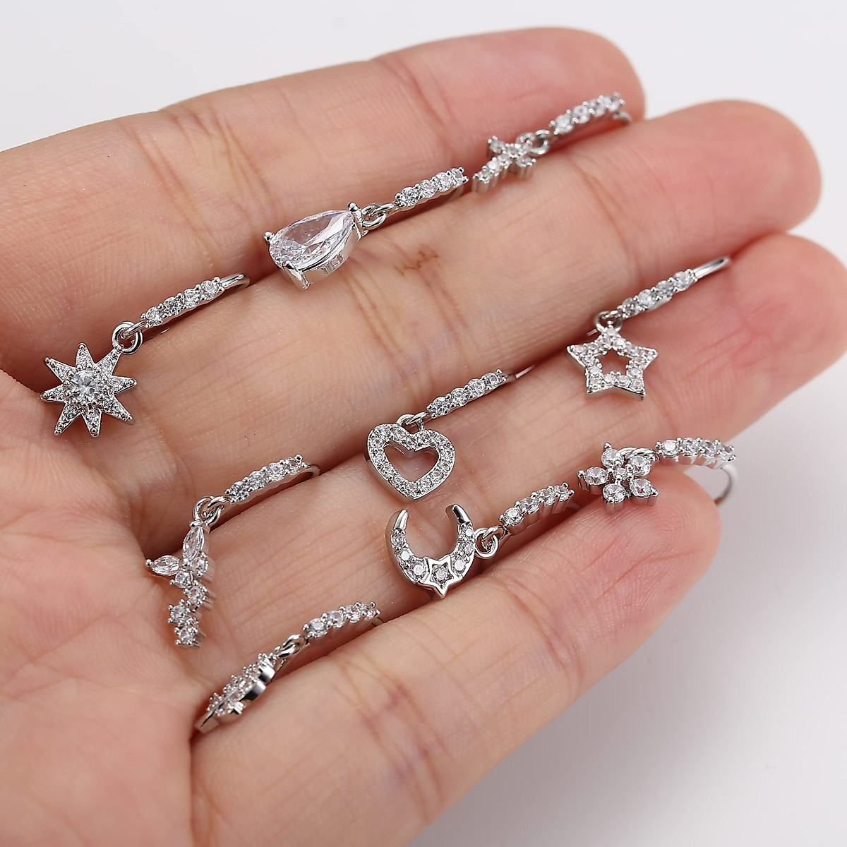 ORAZIO 9Pcs Dangle Nose Rings Dangling Nose Hoops 20G Nose Rings for Women, cubic-zirconia