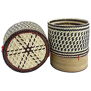 PANWA Combo Sticky Rice Cooking Set Aluminum Cook Pot Diameter 8 1/2" (22 cm) Thai Bamboo“Village Vintage” Steamer Basket 9 Inch Diameter with 24’’ Cheesecloth, and Kratip Container Chocolate Toned