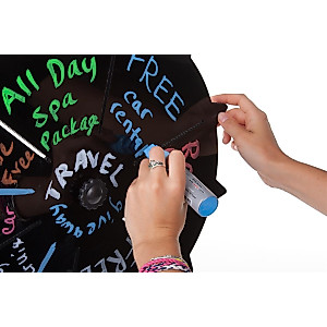 Displays2go Prize Wheel for Tabletop Use with 12 Prize Slots, 27" Glossy Black Write-on Surface Works with Wet-Erase and Liquid Chalk Markers (Not Included), Plastic Flapper, Black Aluminum Stand