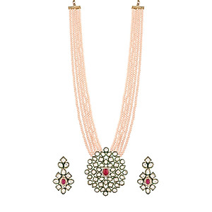 JewarHaat Indian Bollywood Gold-Plated Pearls Studded & Beaded Long Jewellery Set For Women (Kundan Inspired, Peach)