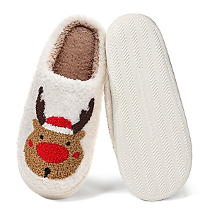 Adisputent Reindeer Slippers for Women Men Elk Slide Slippers Fun Xmas Slippers Cute Christmas Soft Plush Slippers Warm Winter Non-Slip House Shoes A Red 6.5-7.5 Women/5-6 Men