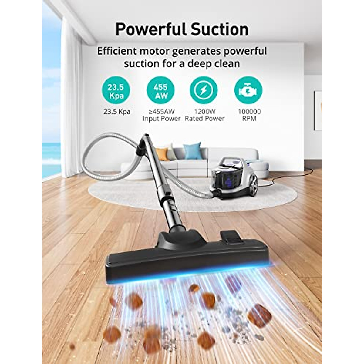 Aspiron Upgraded Canister Vacuum Cleaner, 1200W Bagless Vacuum Cleaner, 3.7Qt Large Capacity, Auto Cord Rewind, Double HEPA Filter, 5 Tools for Hard Floors, Carpet, Pet, Upholstery, Tiles, Car, Silver