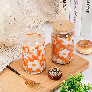 Whaline 2 Pack Retro Floral Checkers Iced Coffee Cup Orange Boho Drinking Glasses Retro Flower Beer Can Glass with Lid Straw Cleaning Brush for Home Office Gifts,16oz