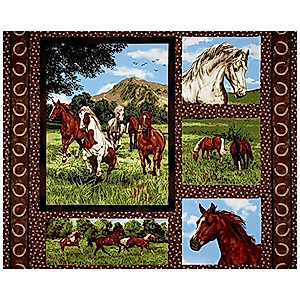Horses & Horse Shoes Quilt Block or Pillow Cotton Fabric Panel (Great for Quilting, Sewing, Craft Projects, Blanket, Wall Hangings, and More) 35" X 44" Tall