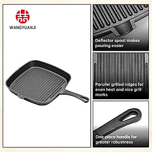 WANGYUANJI Cast Iron Grill Pan,Square Nonstick Grill Pan with Spatula and Brush,9Inch Barbecue Pan for Grill,Stove,Oven and Campfire
