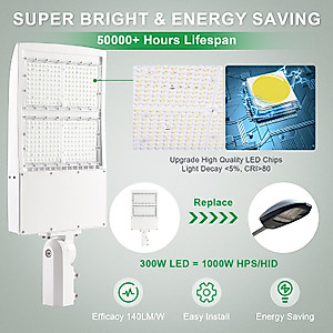 300W LED Parking Lot Light, 42000LM(140LM/W) 5000K White LED Shoebox Area Light, 1-10V Dimmable Commercial Outdoor Street Pole Lighting, IP65 Waterproof 100-277VAC UL DLC Listed