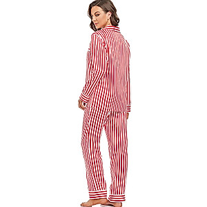 Serenedelicacy Women's Satin Pajama Set Long Sleeve Button Down Sleepwear 2-Piece Striped Silky Pj Set (Medium, Red, Striped)