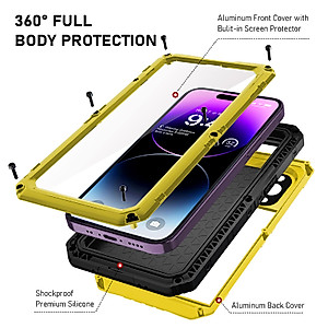 Beasyjoy for iPhone 14 Pro Max Waterproof Case, Metal Heavy Duty Case with Built-in Screen Protector, Full Body Protective Military Grade Shockproof Dustproof Defender Rugged Case 6.7 Inch, Yellow
