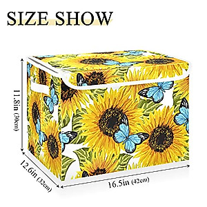 innewgogo Sunflowers Blue Butterflies Storage Bins with Lids for Organizing Large Collapsible Storage Bins with Handles Oxford Cloth Storage Cube Box for Car